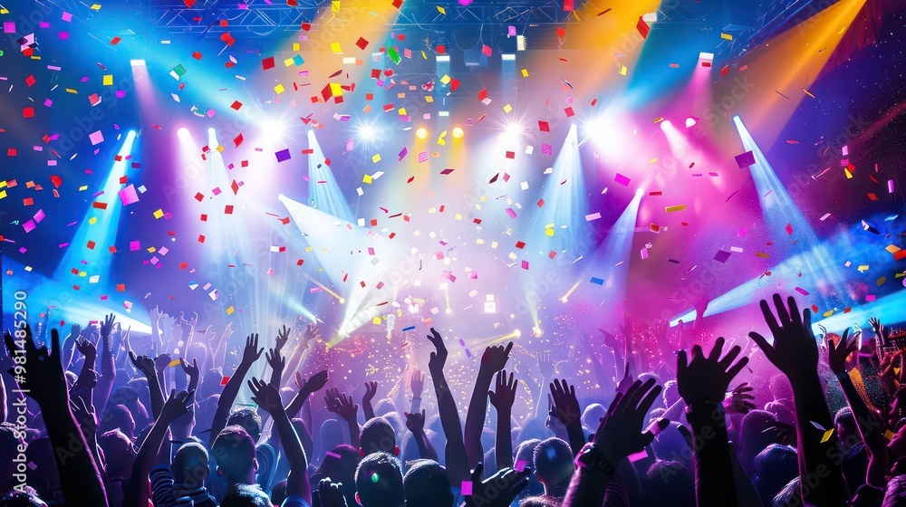 Crowd of people cheering with their hands raised in the air during a ...