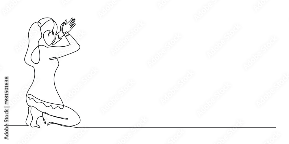 continuous line of Hindu woman performing worship. one line drawing of ...