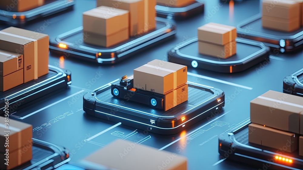 A high-tech logistics center with AGV robots moving cardboard boxes and ...