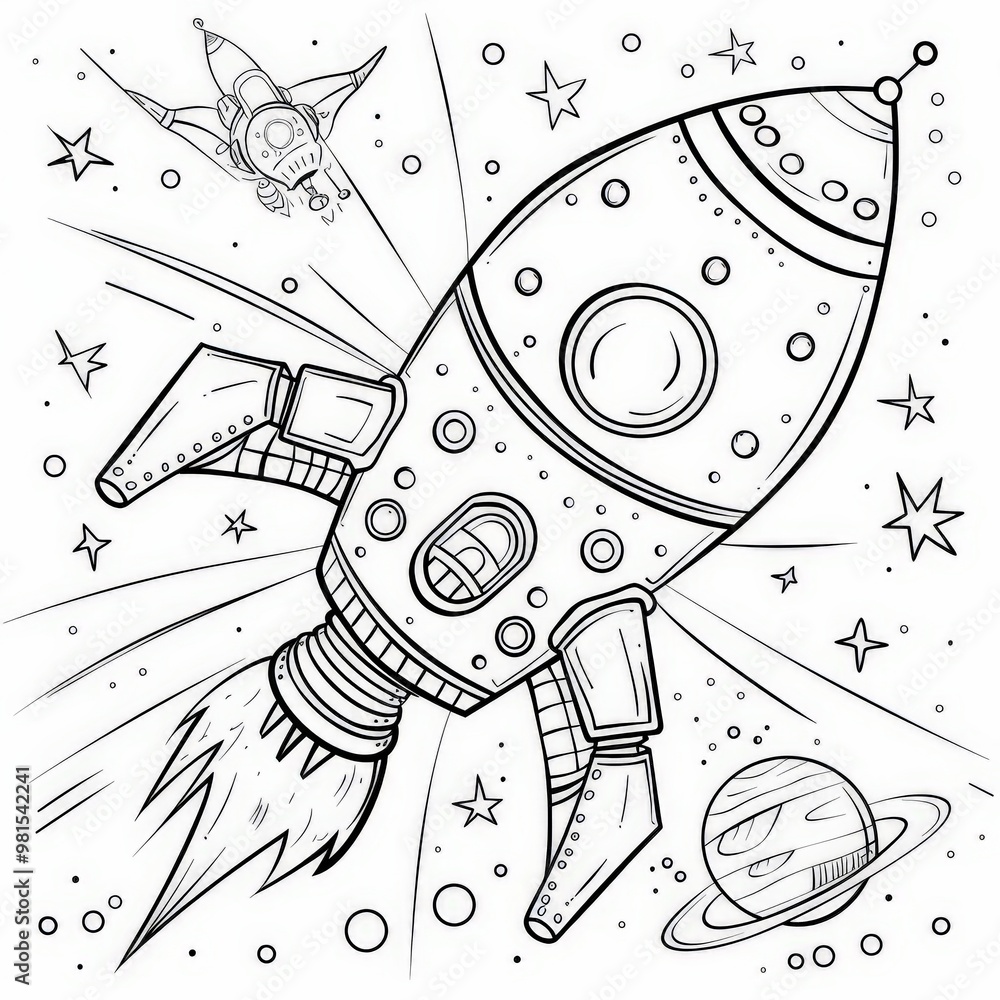 a coloring book page for kids with a space robot operating a spacecraft ...
