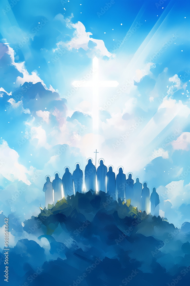 Silhouettes of Saints in heaven on clouds with shining cross behind. 12 ...