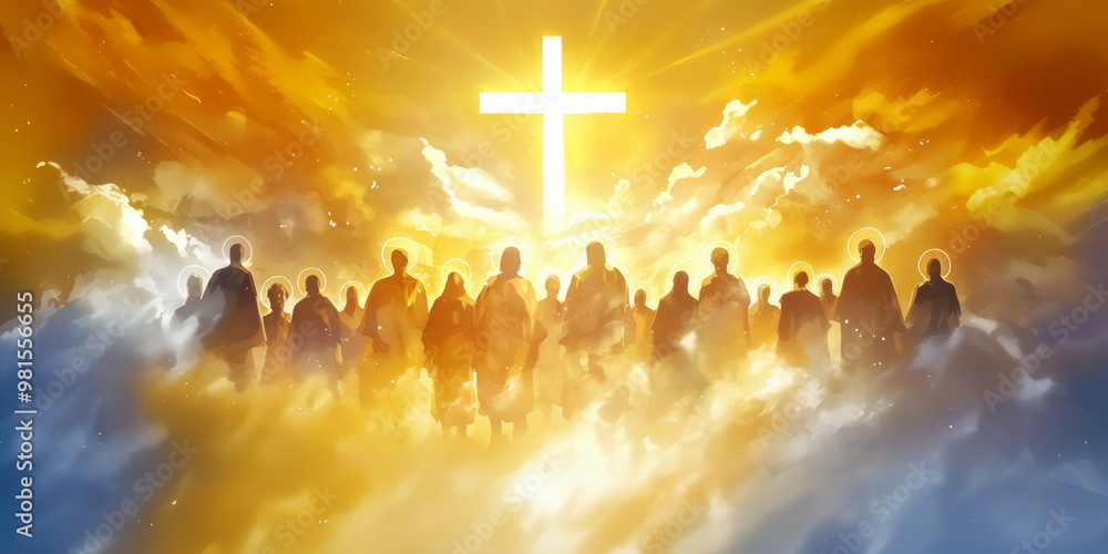 Silhouettes of Saints in heaven on clouds with shining golden cross ...