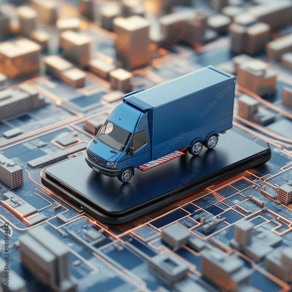 Innovative mobile app concept displaying a delivery van on a smartphone ...