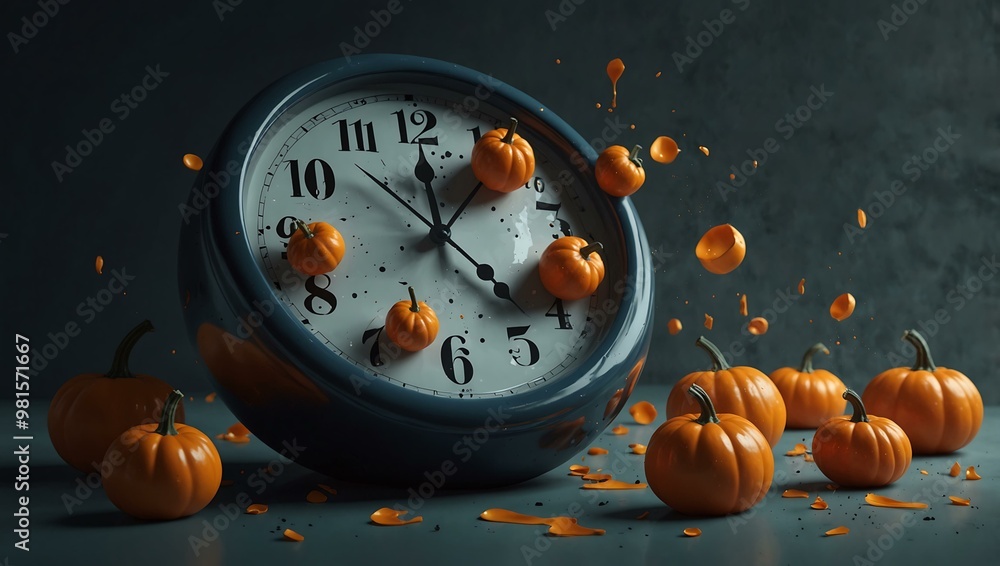 Surreal clock with melting numbers and floating pumpkins. Stock ...