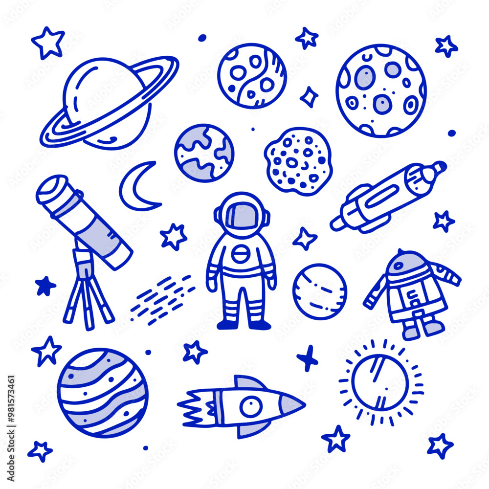 Vector space-themed illustration with planets, astronaut, rocket, and ...