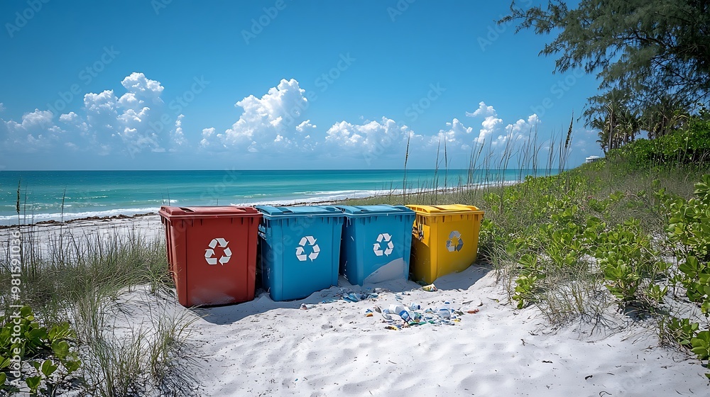 Beach Recycling Station: A beachside recycling station with bins ...