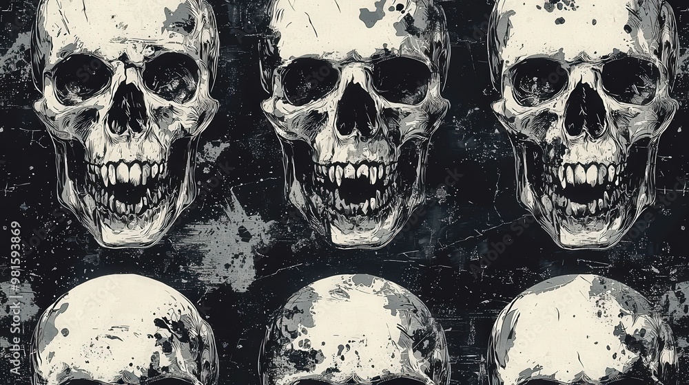 A hauntingly eerie skull pattern in a seamless tile design, with intricately detailed skulls ...