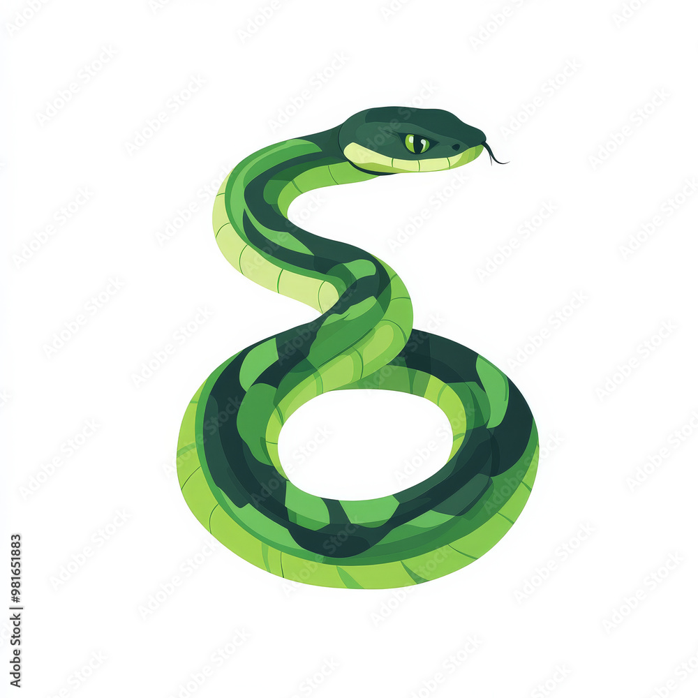 Flat design of a slithering snake, rendered in simple lines with bold ...