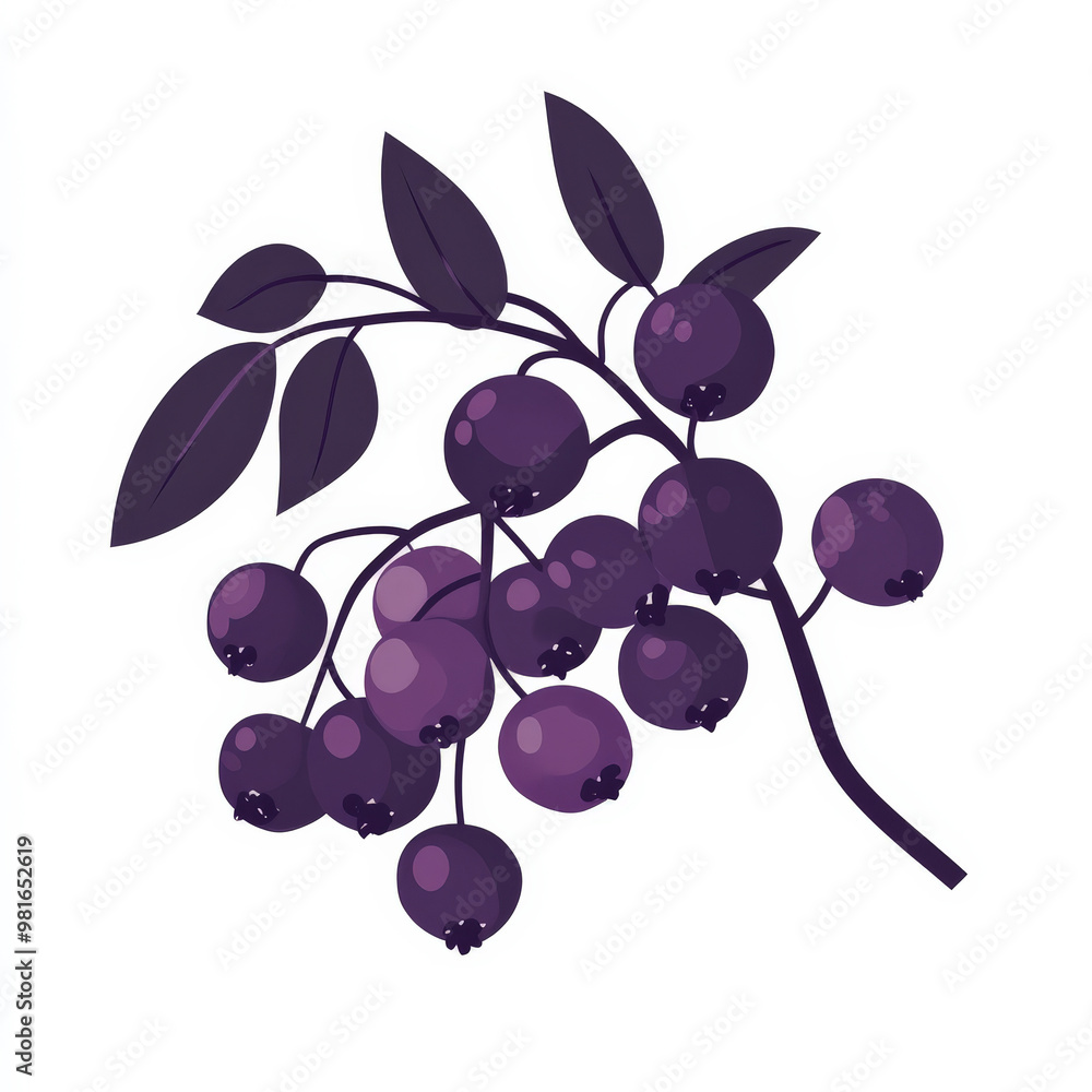 Flat design of a bunch of serviceberries, rendered in deep purple hues ...