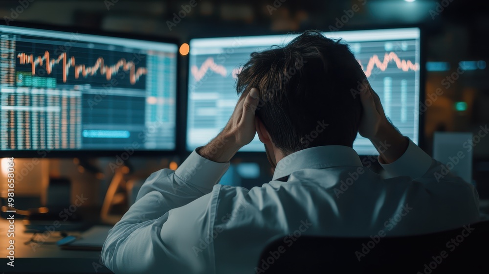 Trader bows his head to his desk in a high-stress with stock graph ...