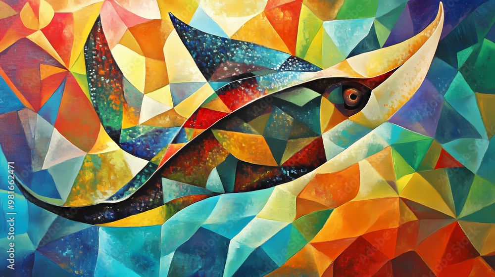 Oil painting of a colorful and creative cubism-inspired manta ray ...