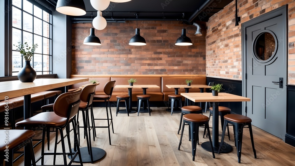 Seating area with bar tables and bar chairs in a modern cafe ...