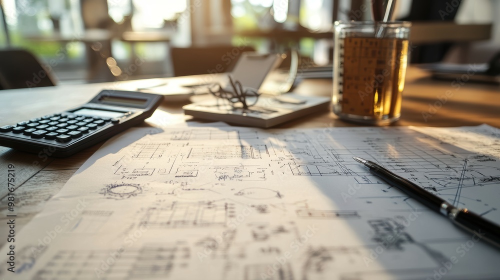 Engineer technical drawings and calculations spread out on a table with ...