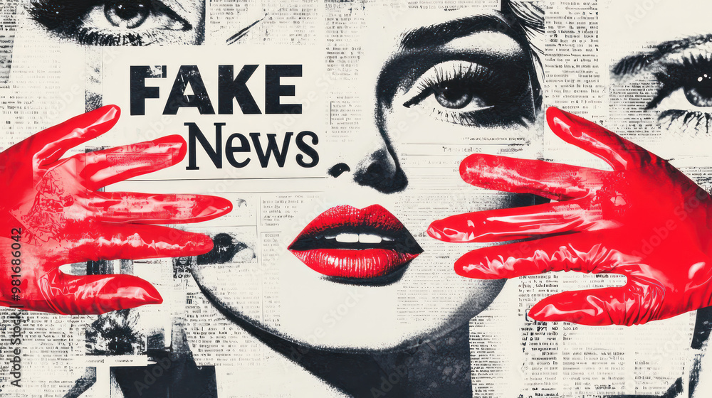 Pop art collage woman face with red lips. Newspaper clippings with Fake ...