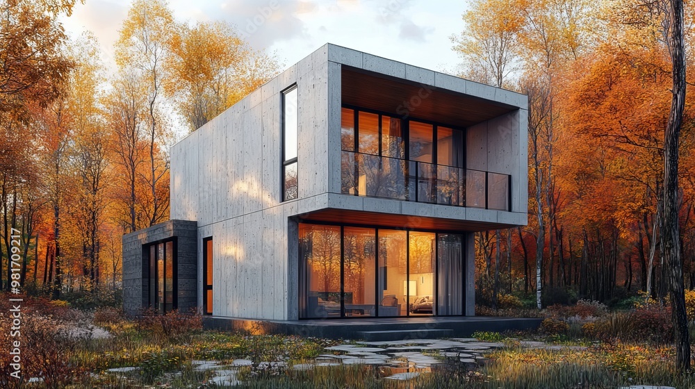 Ilustración de Stock Modern cube home with concrete facade, wooden ...