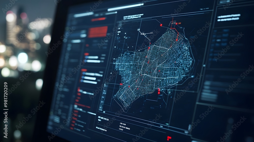 Futuristic digital interface with real-time crime prediction data, map ...