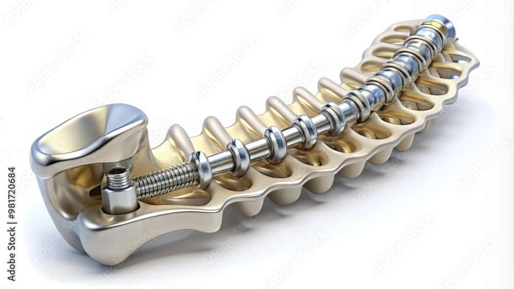 Detailed illustration of an orthopedic plate for spine surgery on a ...