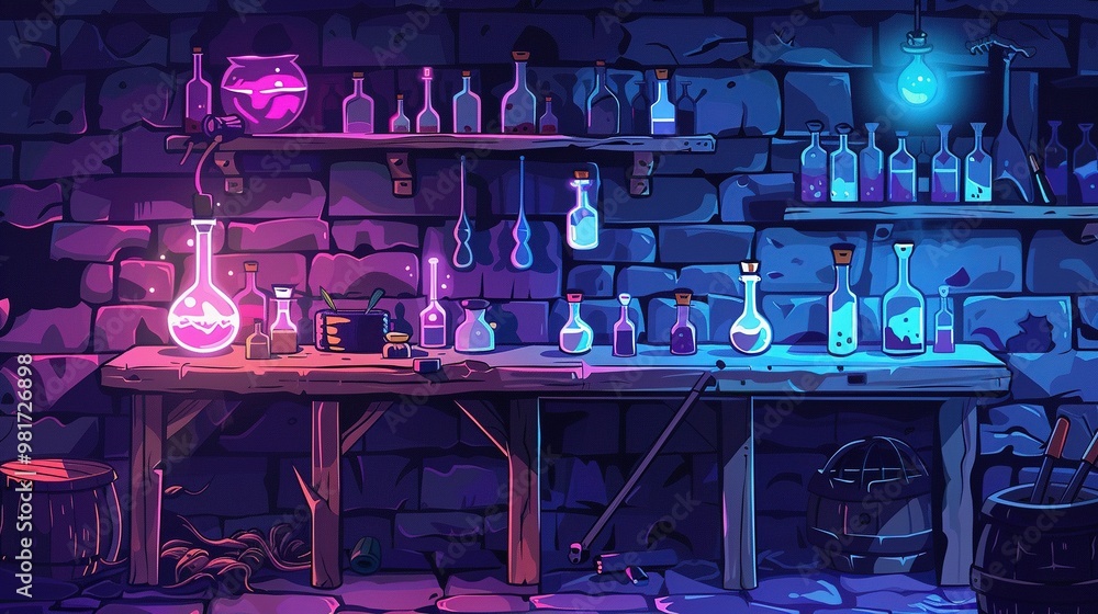 Cartoon Vector Scenes of an Alchemist Workbench: Skulls, Potions, and ...