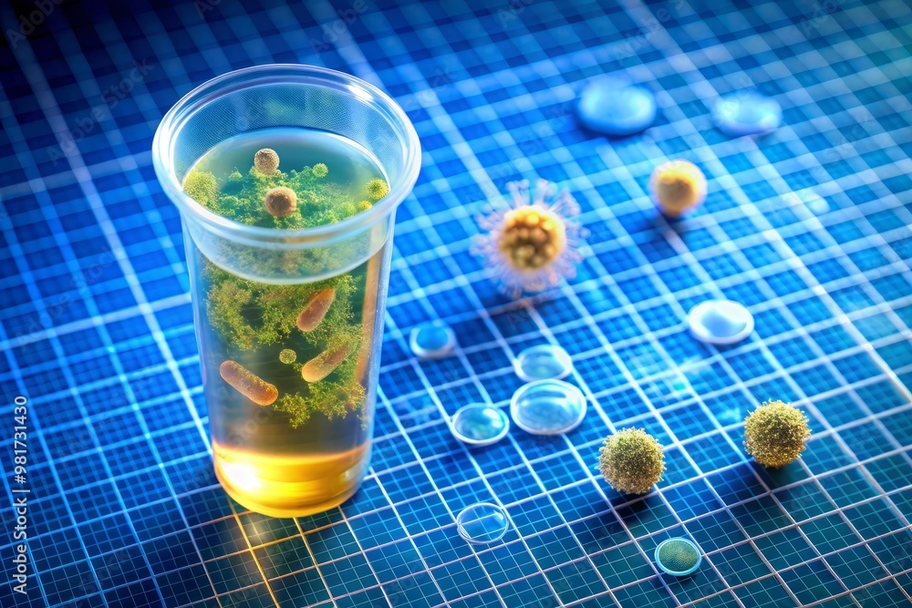 A microscopic view of a urine sample with abnormal cells and bacteria ...