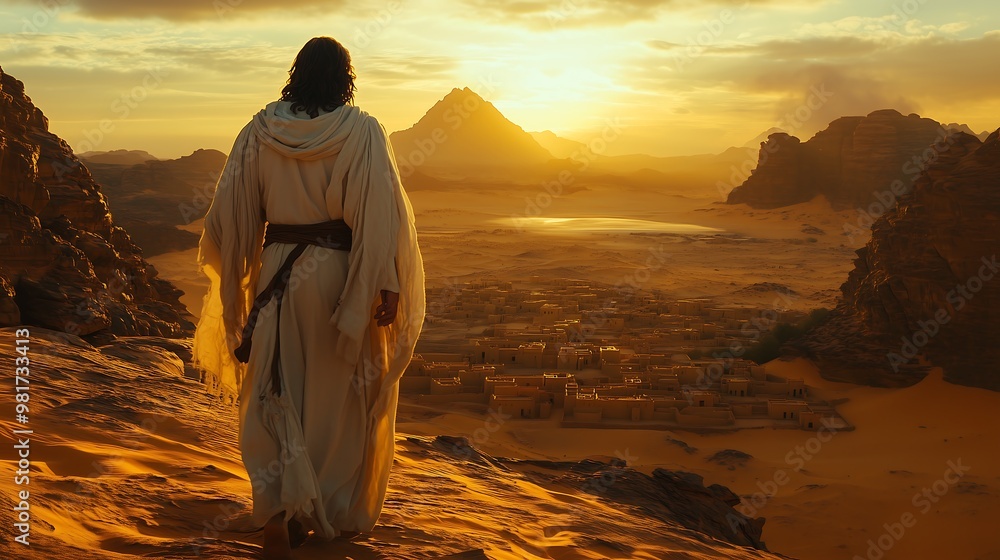 Jesus on top of a mountain overlooking Jerusalem, the temptation of the ...