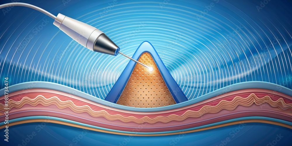 An intricate, detailed illustration of an ultrasound probe in use, with ...
