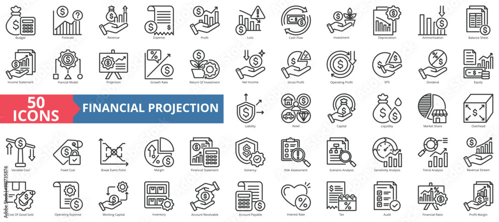 Financial projection icon collection set. Containing budget, forecast ...