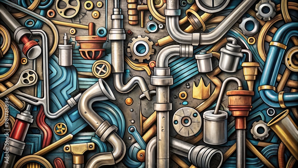 Illustrate a stylized pattern of plumbing tools and fittings in a ...