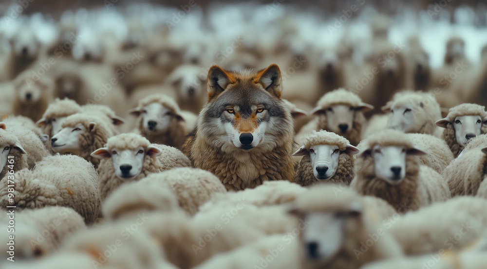 a wolf among the sheep, he tries to disguise himself as a lamb but the ...