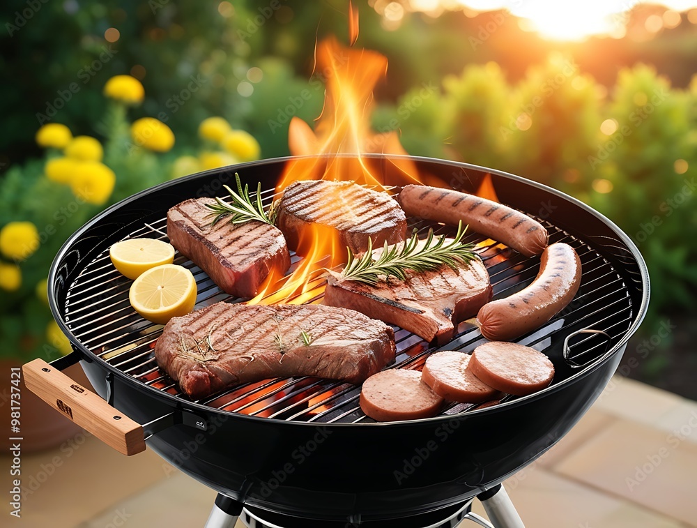 A sizzling summer barbecue scene featuring juicy meats and fresh ...