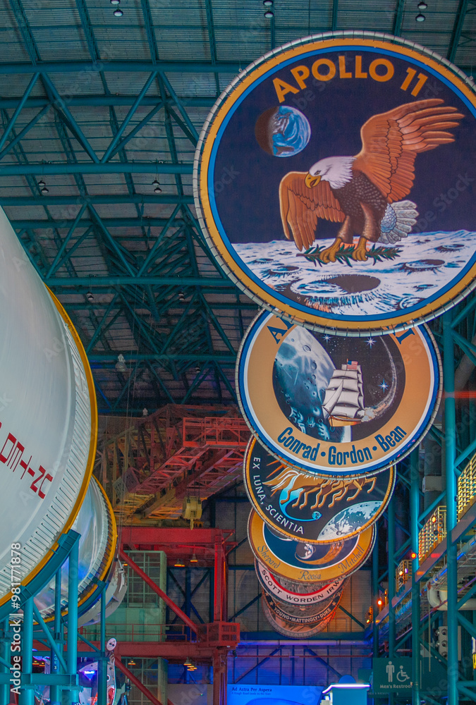 Round large mission and astronaut Apollo 11 emblems inside big Kennedy ...