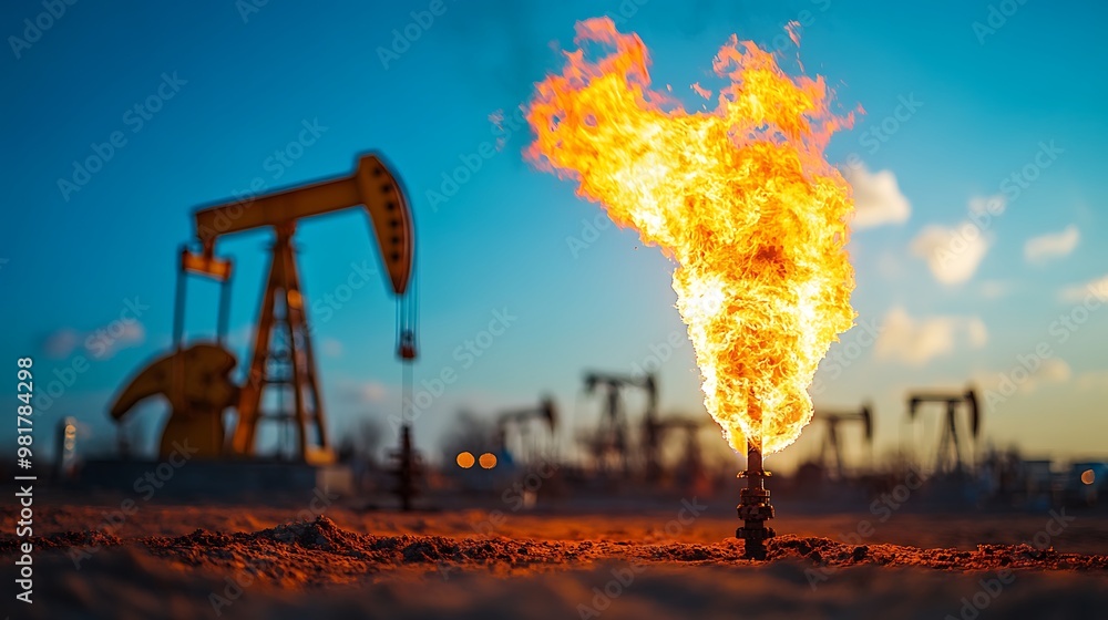 Gas Flare at Oilfield: A gas flare burning brightly at an onshore ...