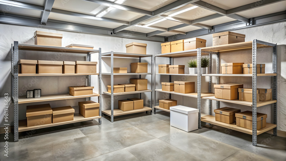 Simple basement room with shelves and boxes used for storing household ...