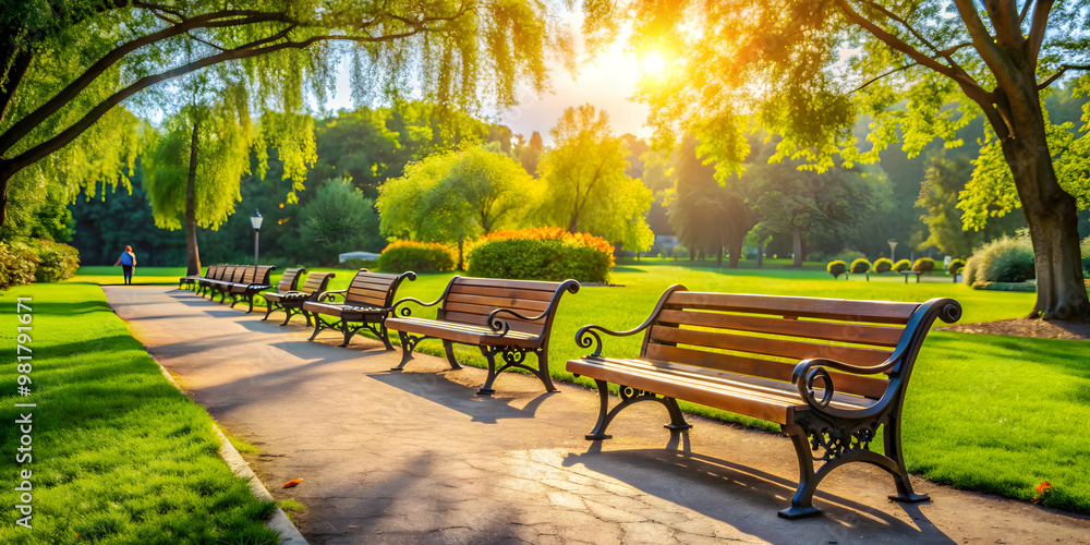 Benches in the park A peaceful spot for relaxing and enjoying nature ...