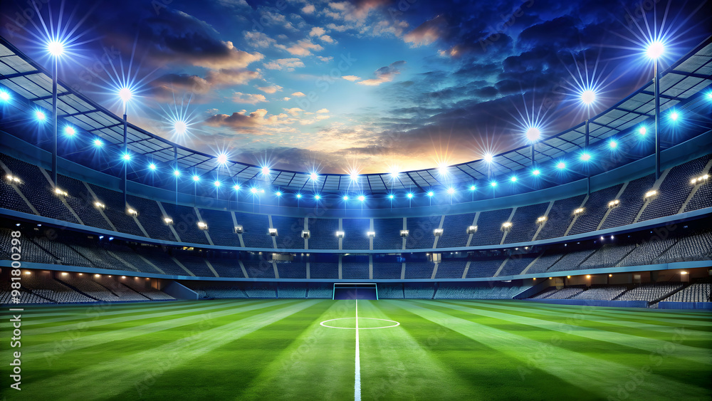 Beautiful sports stadium with a green grass field shines with blue ...