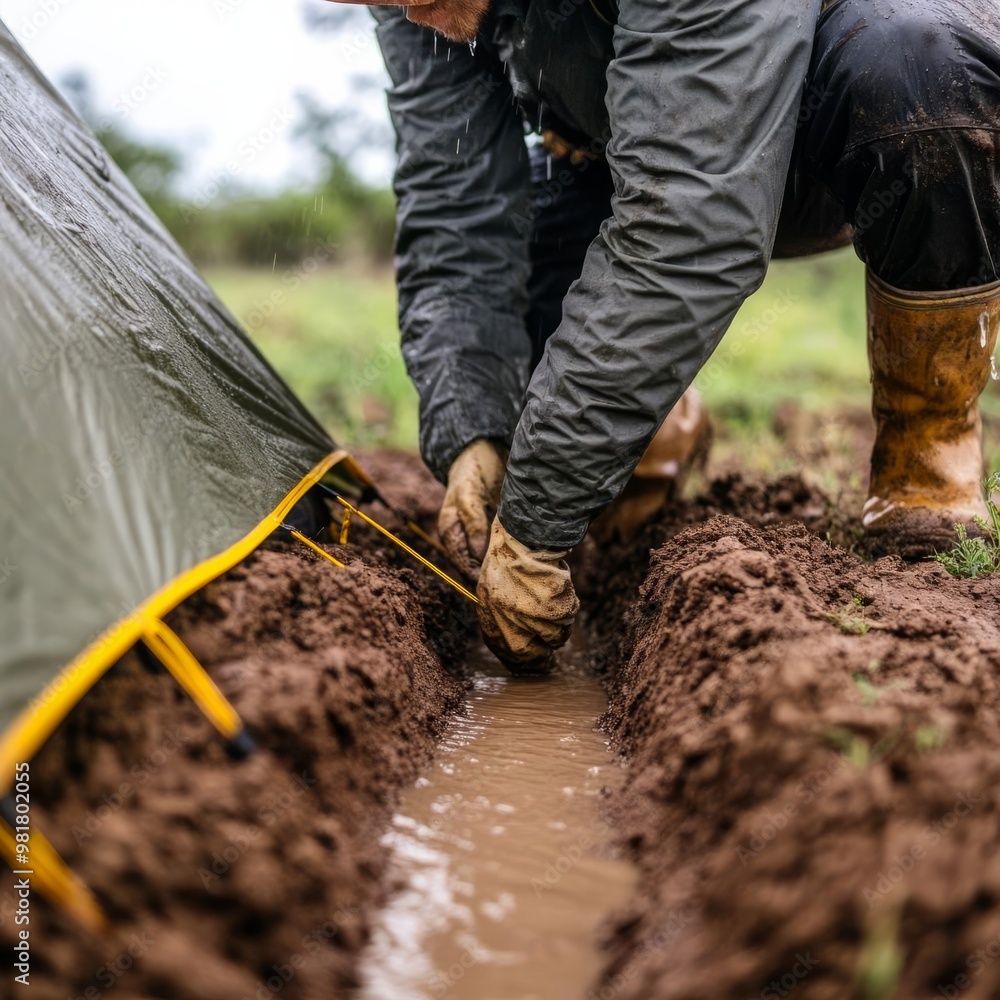 Camper digging a trench around a tent to divert rainwater, camping ...