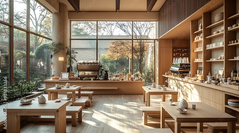 A minimalist zen coffee shop with light wooden tables, neutral color ...