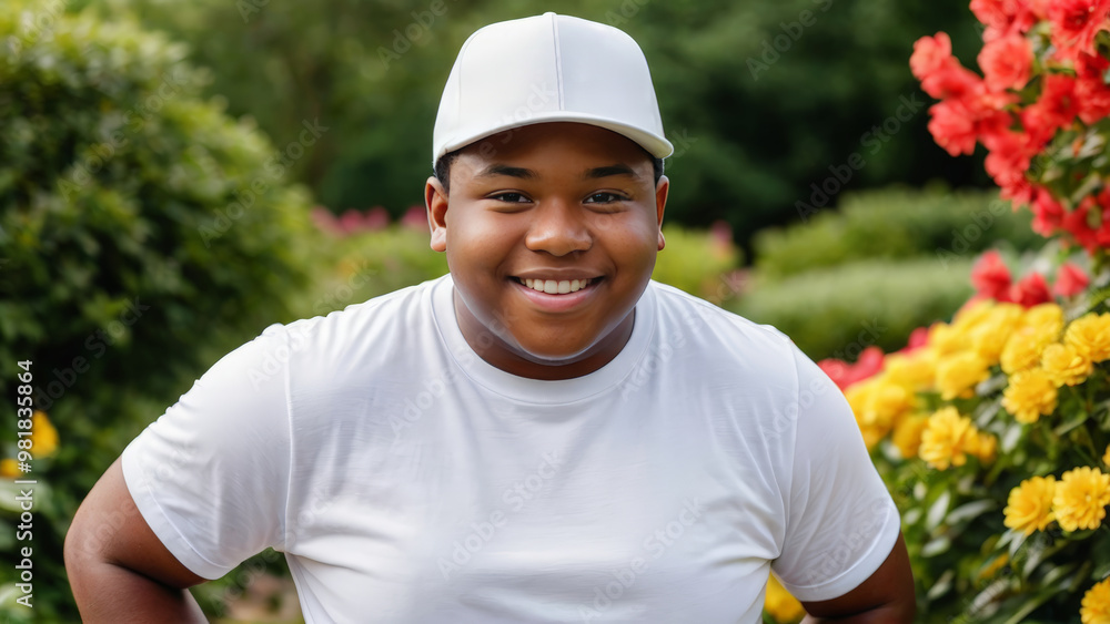 Plus size black teenage boy wearing white t-shirt and white baseball ...
