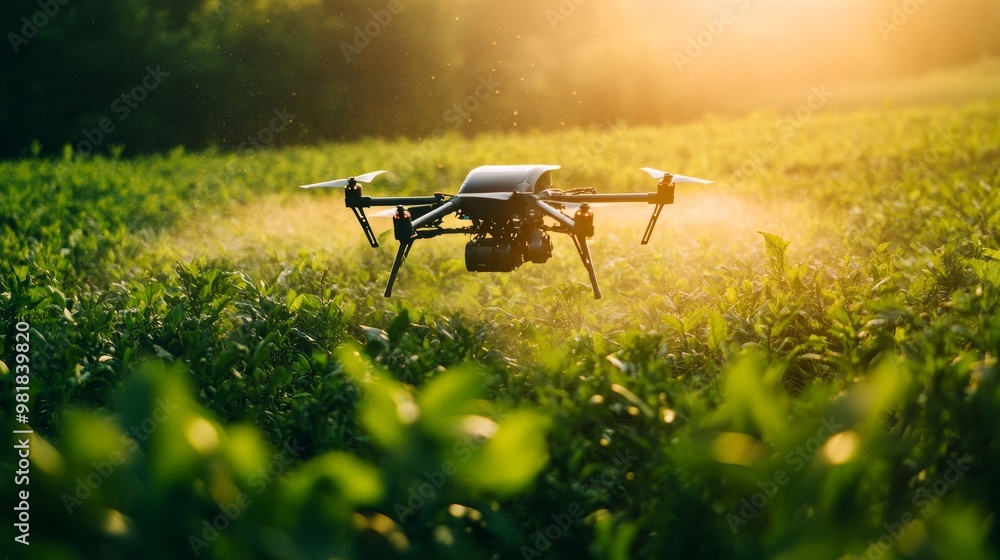 41. High-tech agriculture drone spraying fertilizer over a lush green field, integrating AI and ...