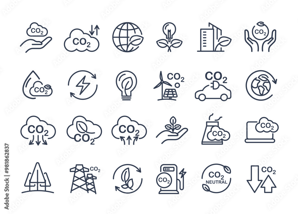 Co2, carbon line icons. contains such icons as tree planting, net zero ...