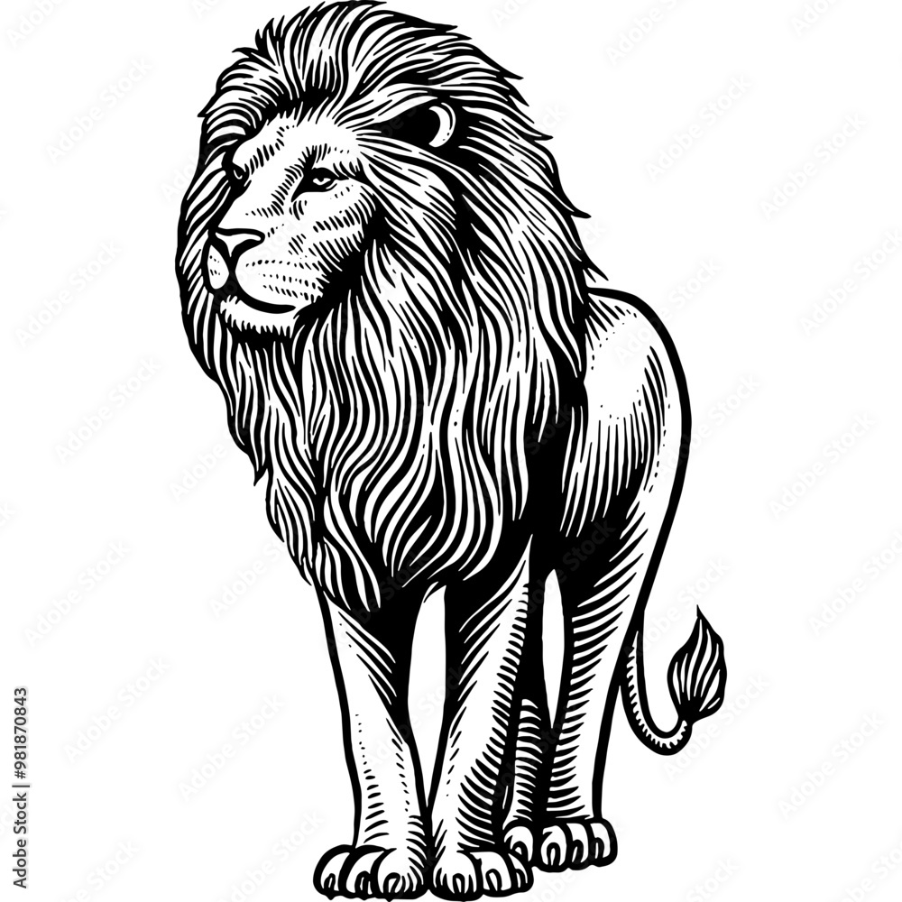 Hand drawn Lion Standing Sketch Illustration Engraving Woodcut Vintage ...
