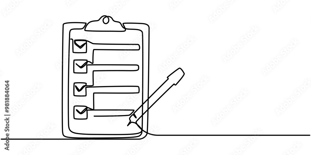 Clipboard with checklist and pen in one continuous line drawing. To do ...