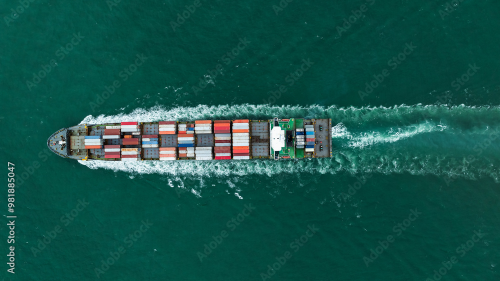 Aerial top view Container Ship load container going to seaport or ...
