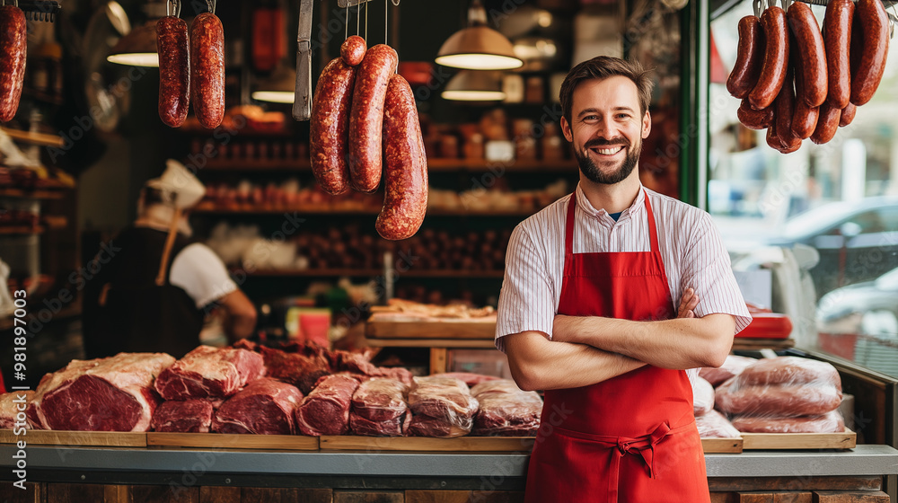 A butcher in a red apron standing proudly in a meat shop filled with various cuts of fresh meat ...