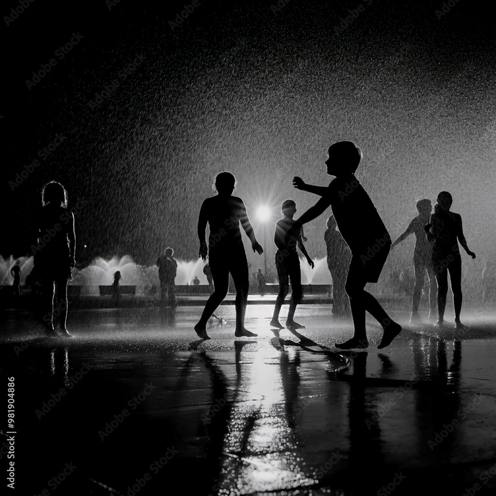 Shadows dance as people frolic in the sprinklers during a warm summer ...