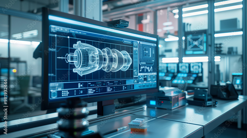 High-tech CAD design of a turbine engine displayed on a computer in an ...