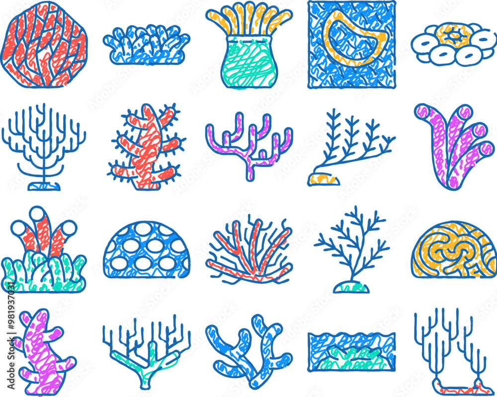 coral sea aquatic reef doodle icons set vector. sketch line art natural ...