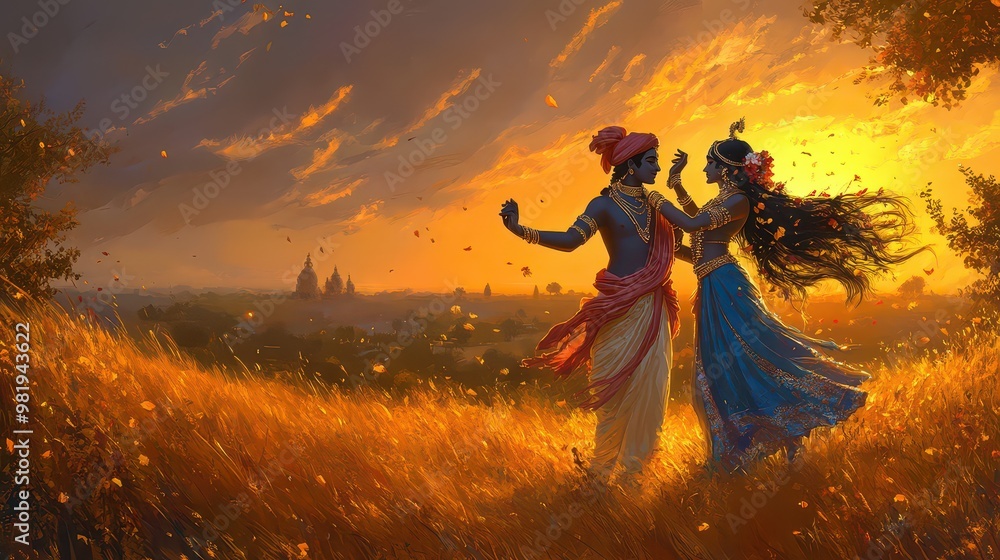 Beautiful Radha Krishna Image with Sunset Background, Traditional ...