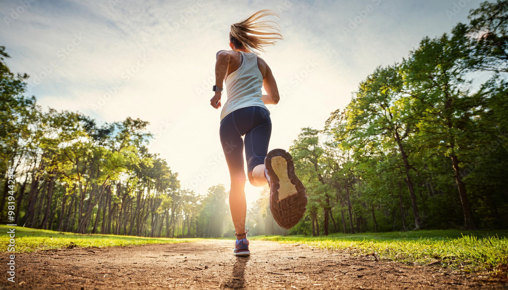 A runner woman running alone toward the sun in the park with tree on ...
