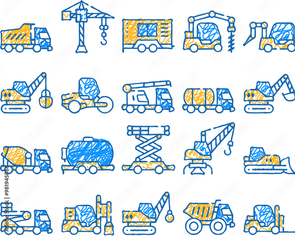 construction vehicle doodle icons set vector. sketch line art ...