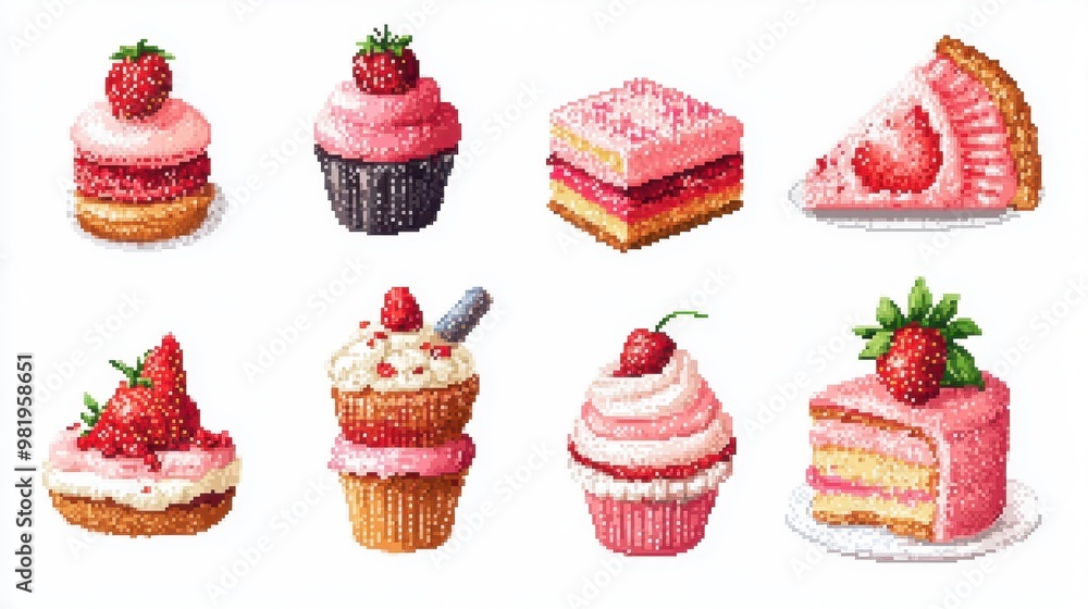 Vector illustration Cross stitch Sweet dessert set with strawberry cake ...